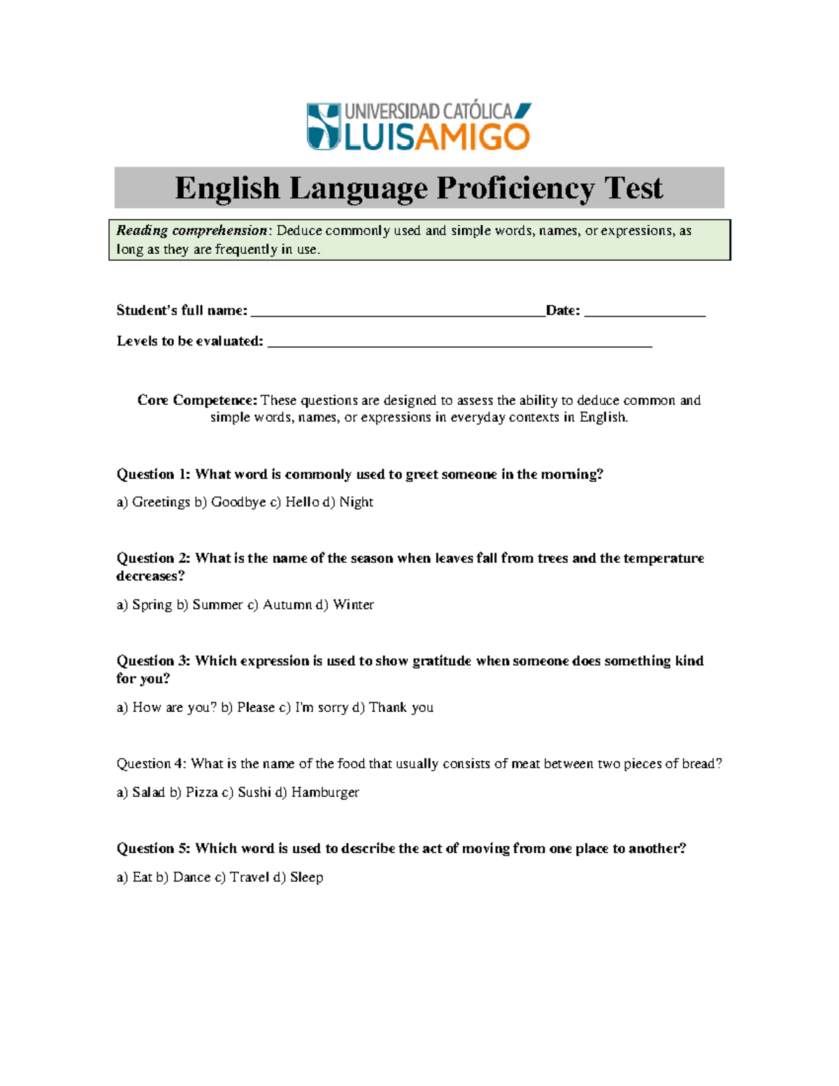 English Language Proficiency Test - English Language Proficiency Test ...