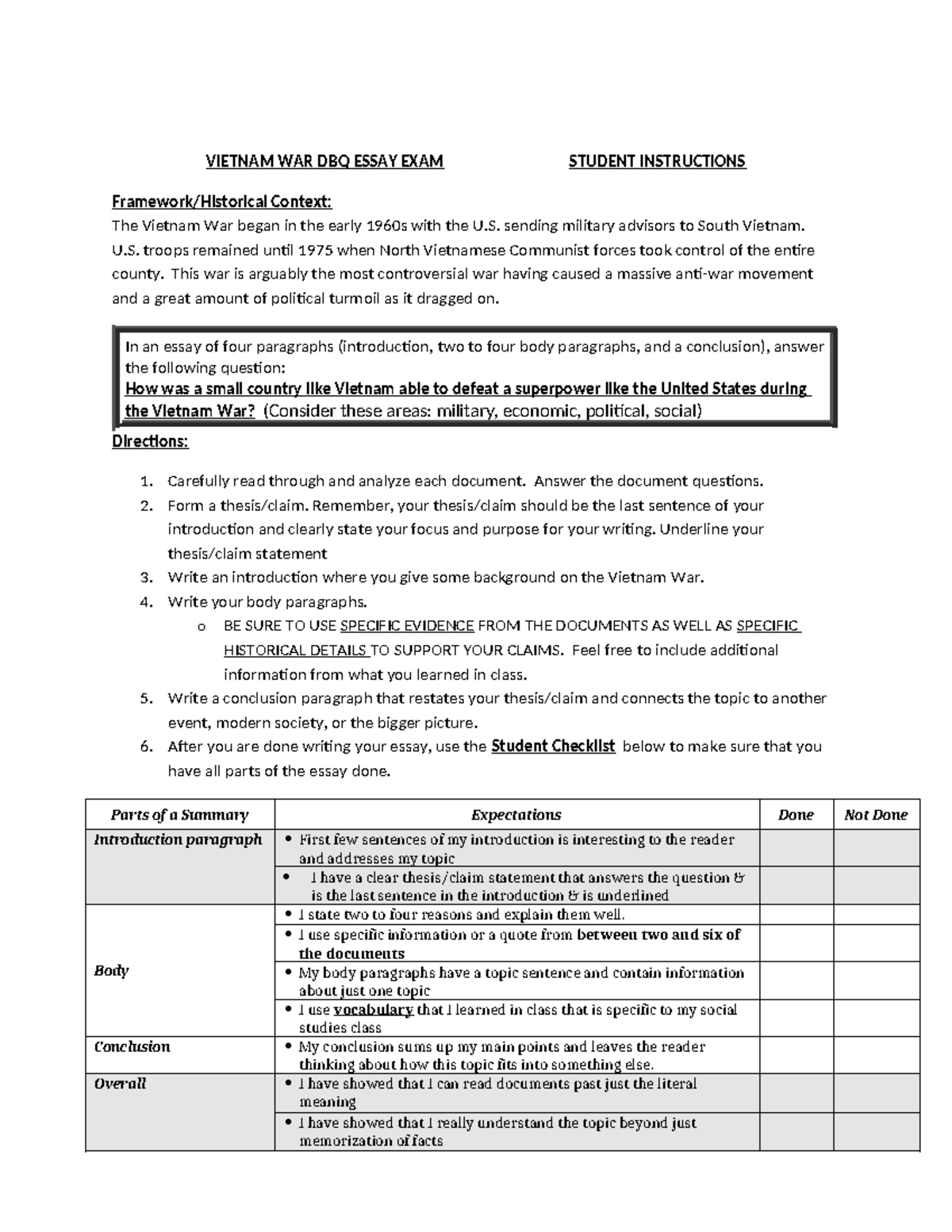 Vietnam DBQ - DBQ - VIETNAM WAR DBQ ESSAY EXAM STUDENT INSTRUCTIONS ...