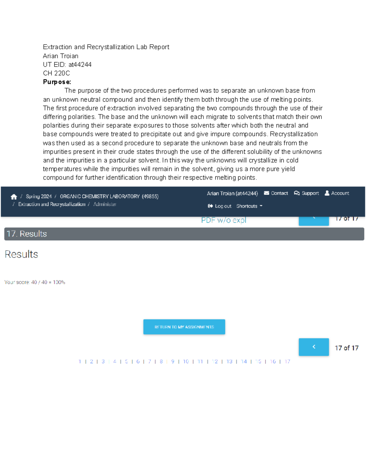 Extraction and Recrystalization lab Report - The first procedure of ...