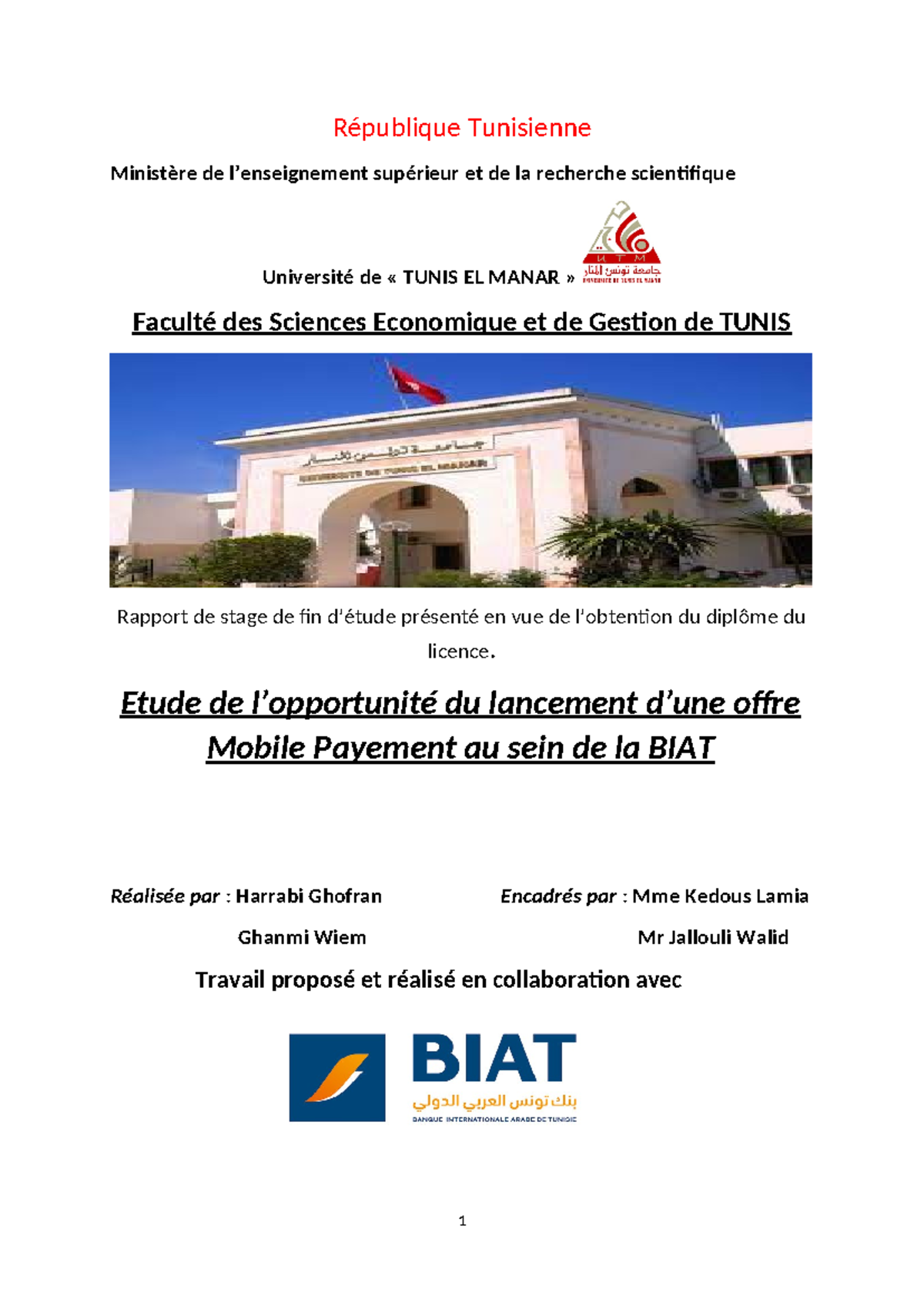 Rapport de stage PFE - République Tunisienne Ministère de l ...