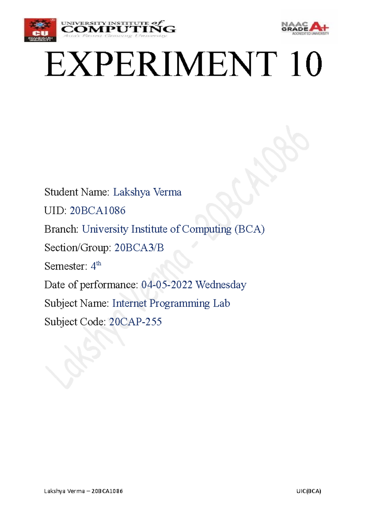 Experiment 10 - It Is important - Lakshya Verma – 20BCA1086UIC(BCA ...