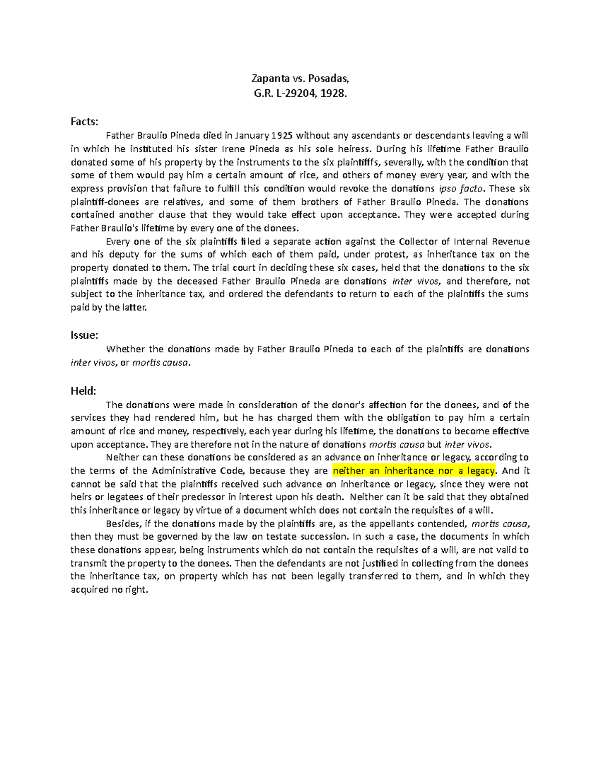 Zapanta vs. Posadas - Zapanta vs. Posadas, G. L-29204, 1928. Facts ...