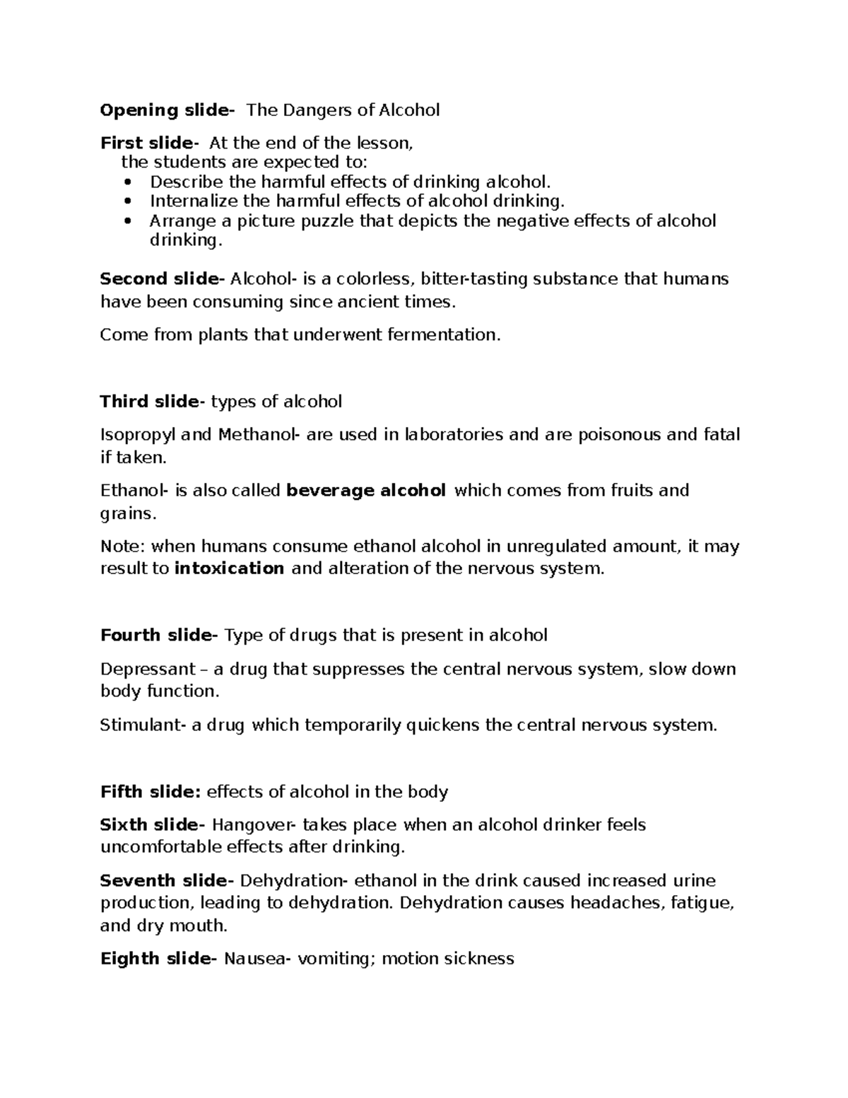 Ppt-content - Lecture for kids - Opening slide- The Dangers of Alcohol ...