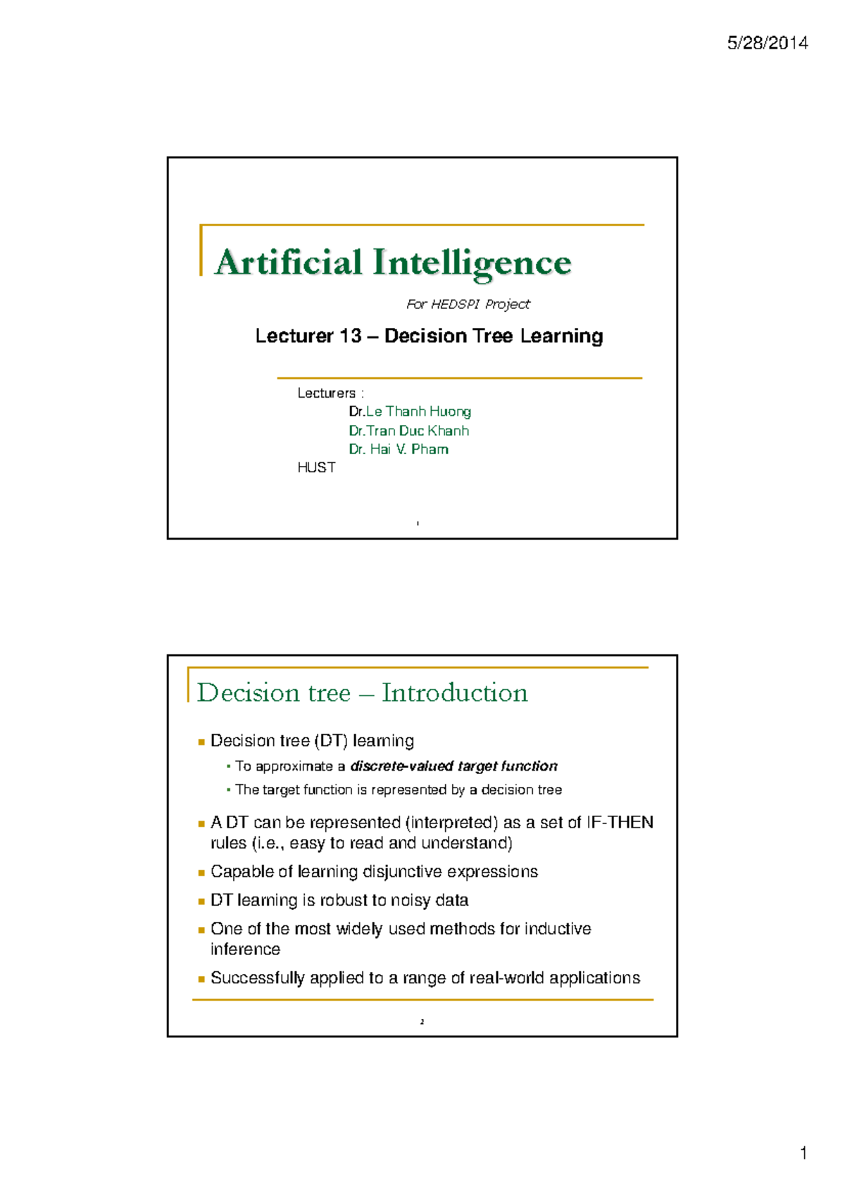 Lecture 13 a Decision Tree Learning - Lecturers : Dr Thanh - Studocu