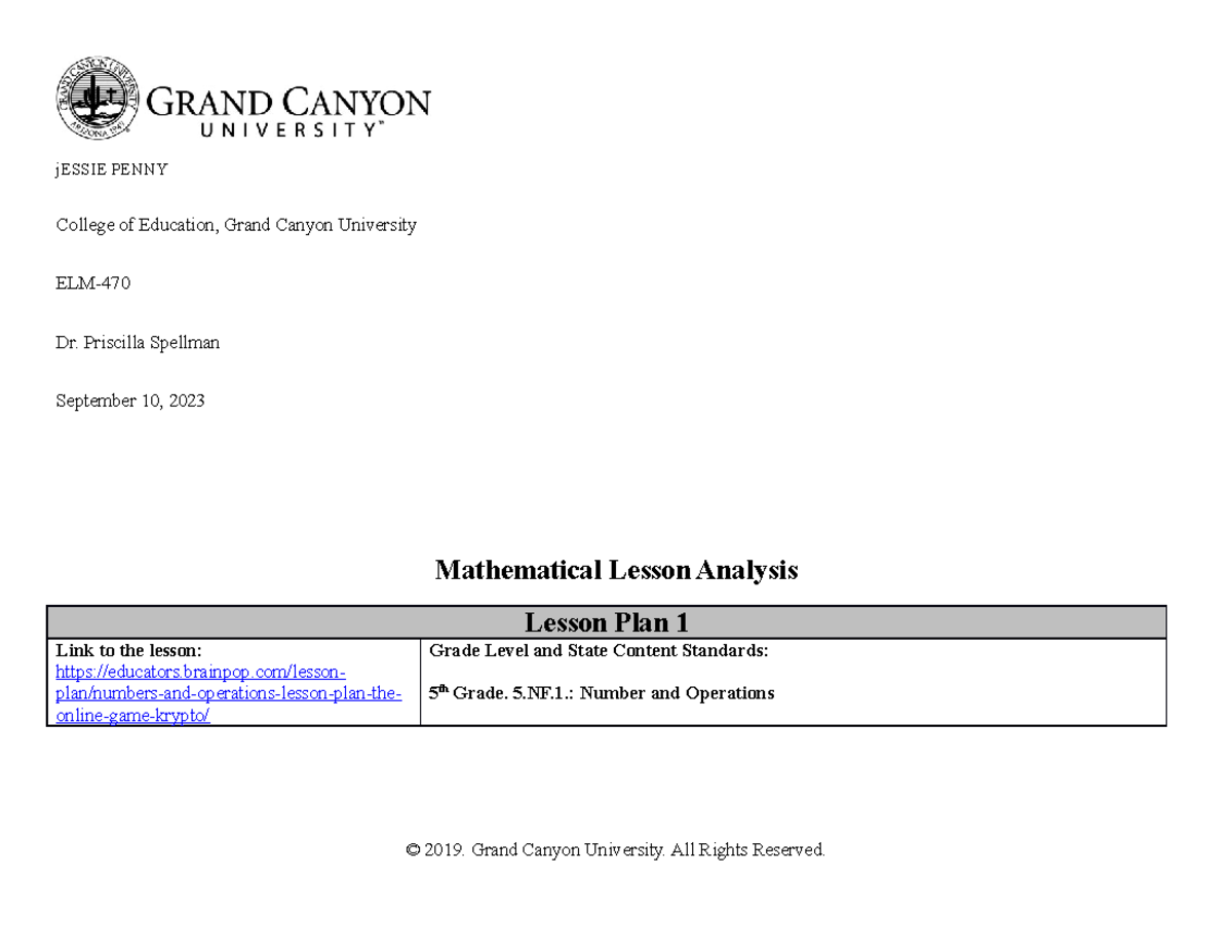 Mathematical Lesson Analysis - jESSIE PENNY College of Education, Grand ...