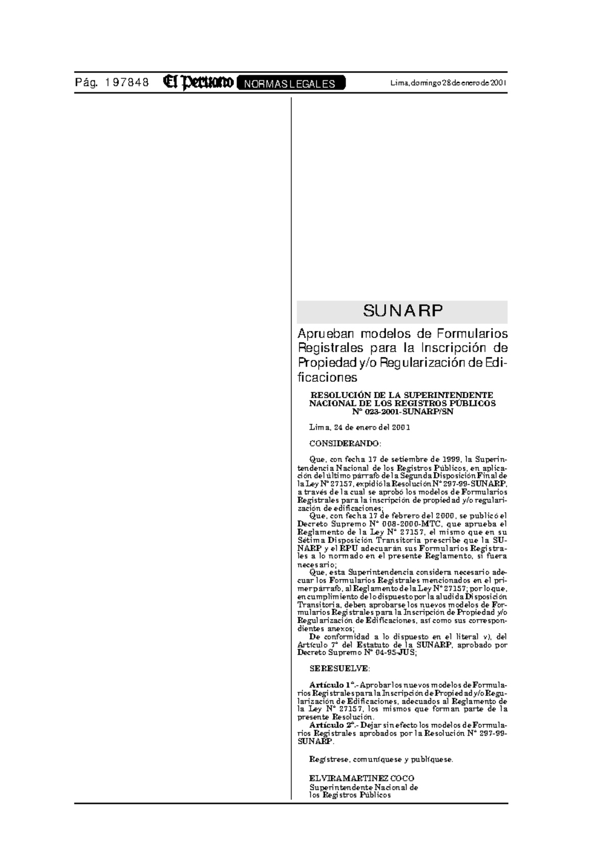 RES N 023 2001 Sunarp SN - Pág. 1 9 7 8 4 8 NORM AS L EGAL ES Lima, domingo 28 de enero de 2001 ...