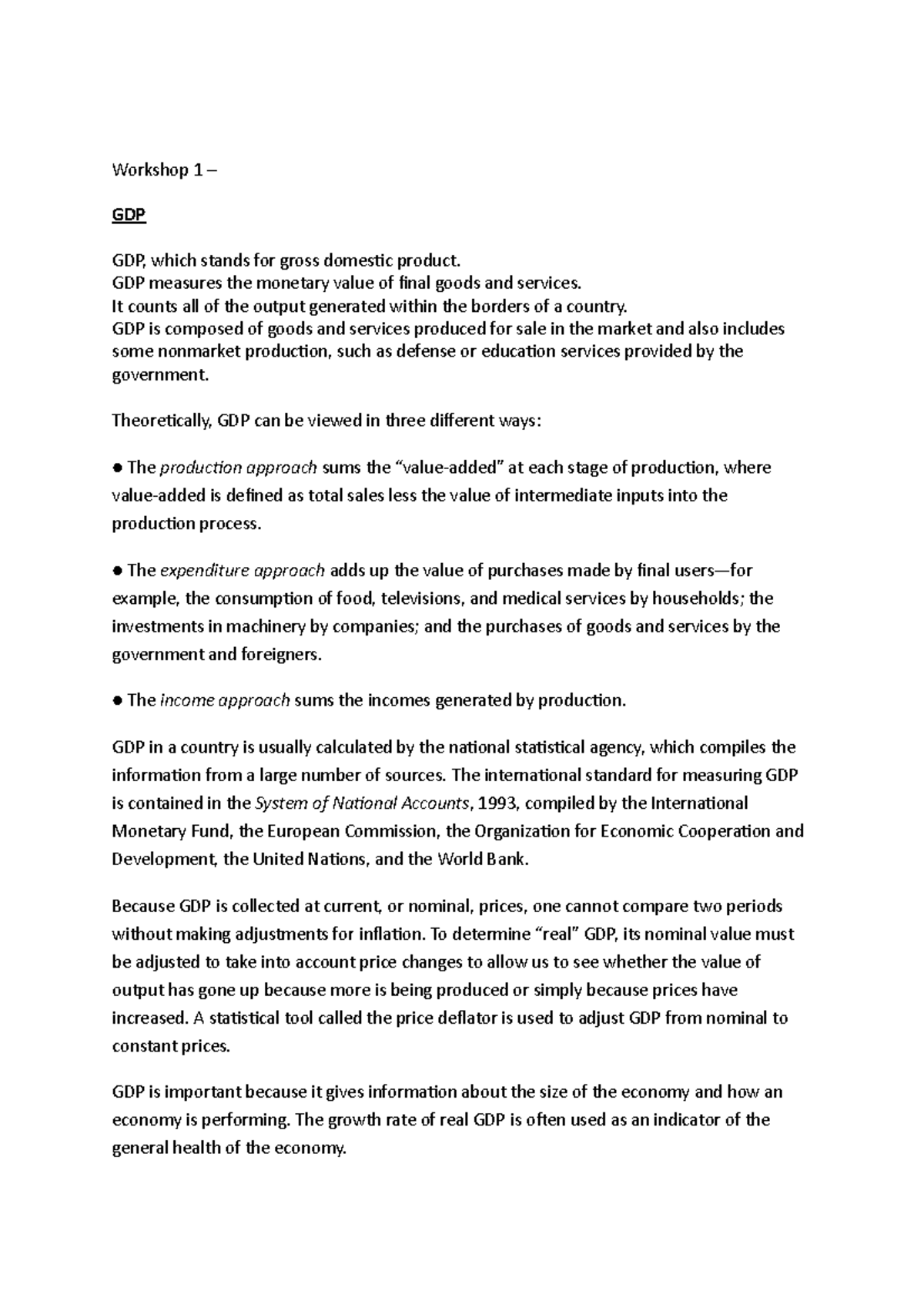 Reading for WS 1 - Workshop 1 – GDP GDP, which stands for gross ...