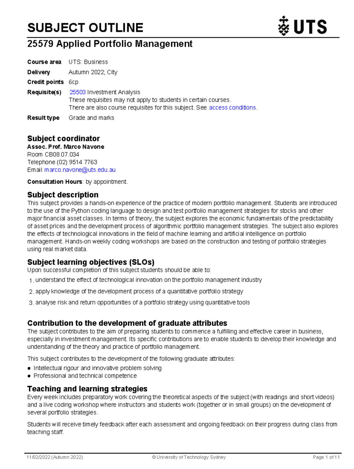 Applied Portfolio Management - SUBJECT OUTLINE 25579 Applied Portfolio ...