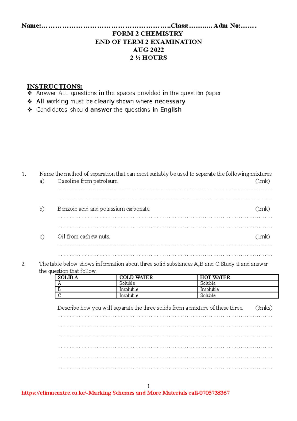 Chemistry FORM 2 Questions - Name