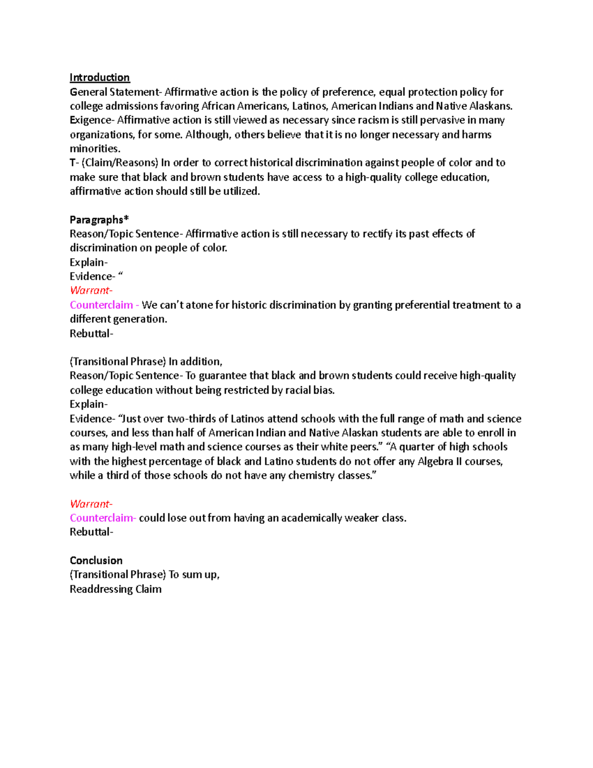 Argumentative Essay - format - Introduction General Statement ...