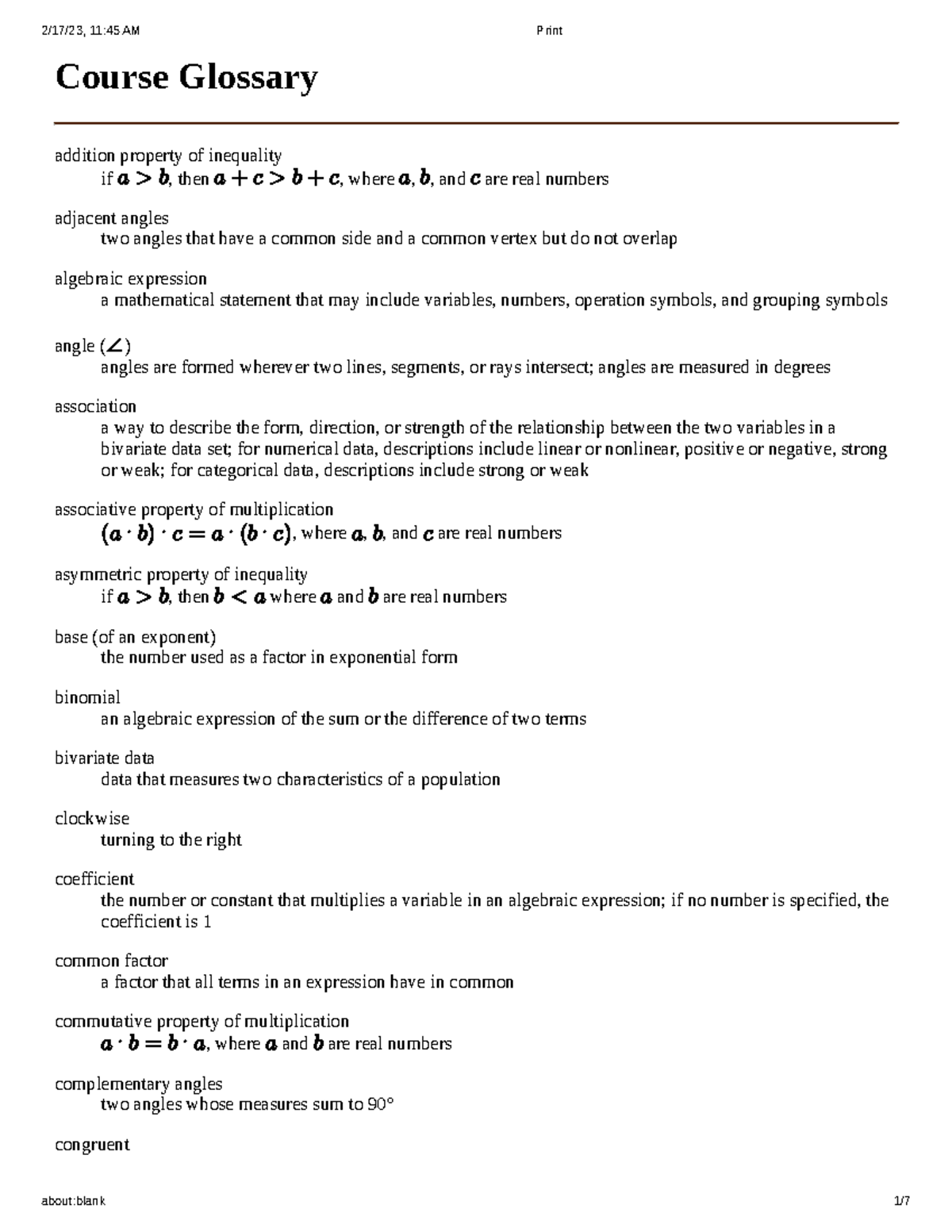 Prealgebraglossary - pre algebra glossary - Course Glossary addition ...
