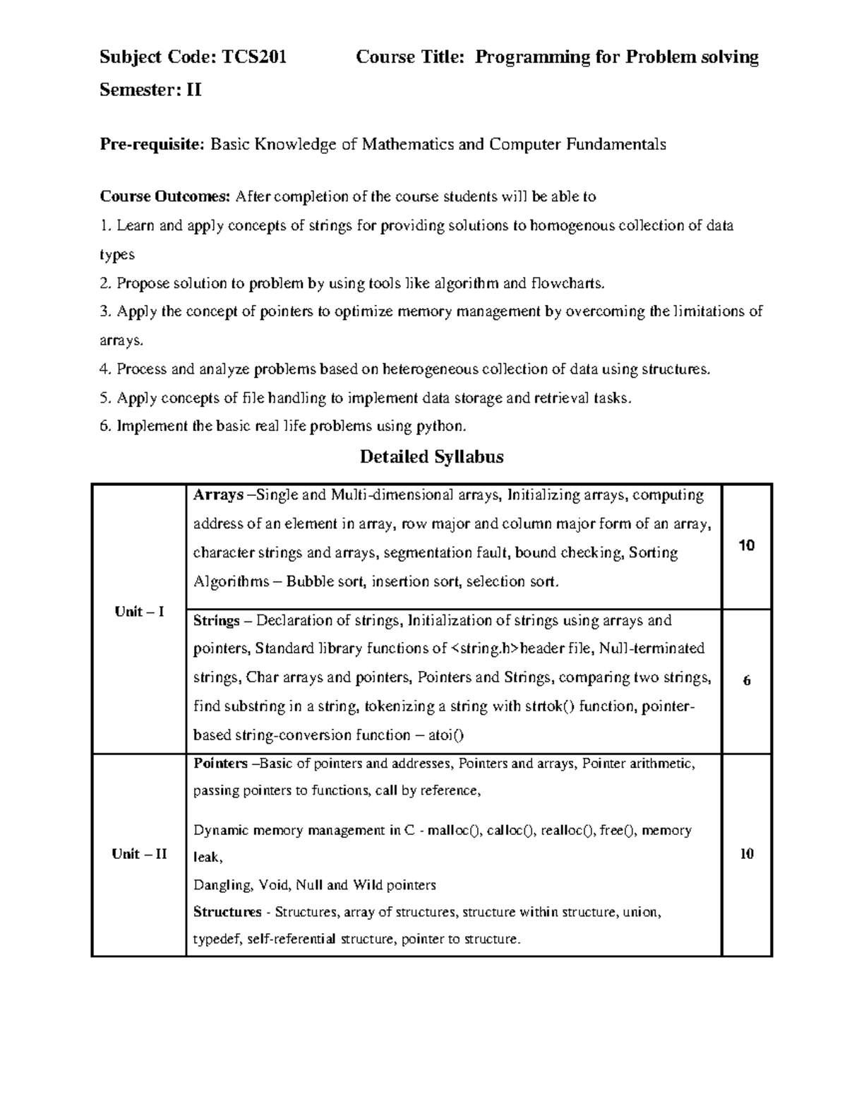 TCS 201 Syllabus - Nice course for studies - Subject Code: TCS201 ...