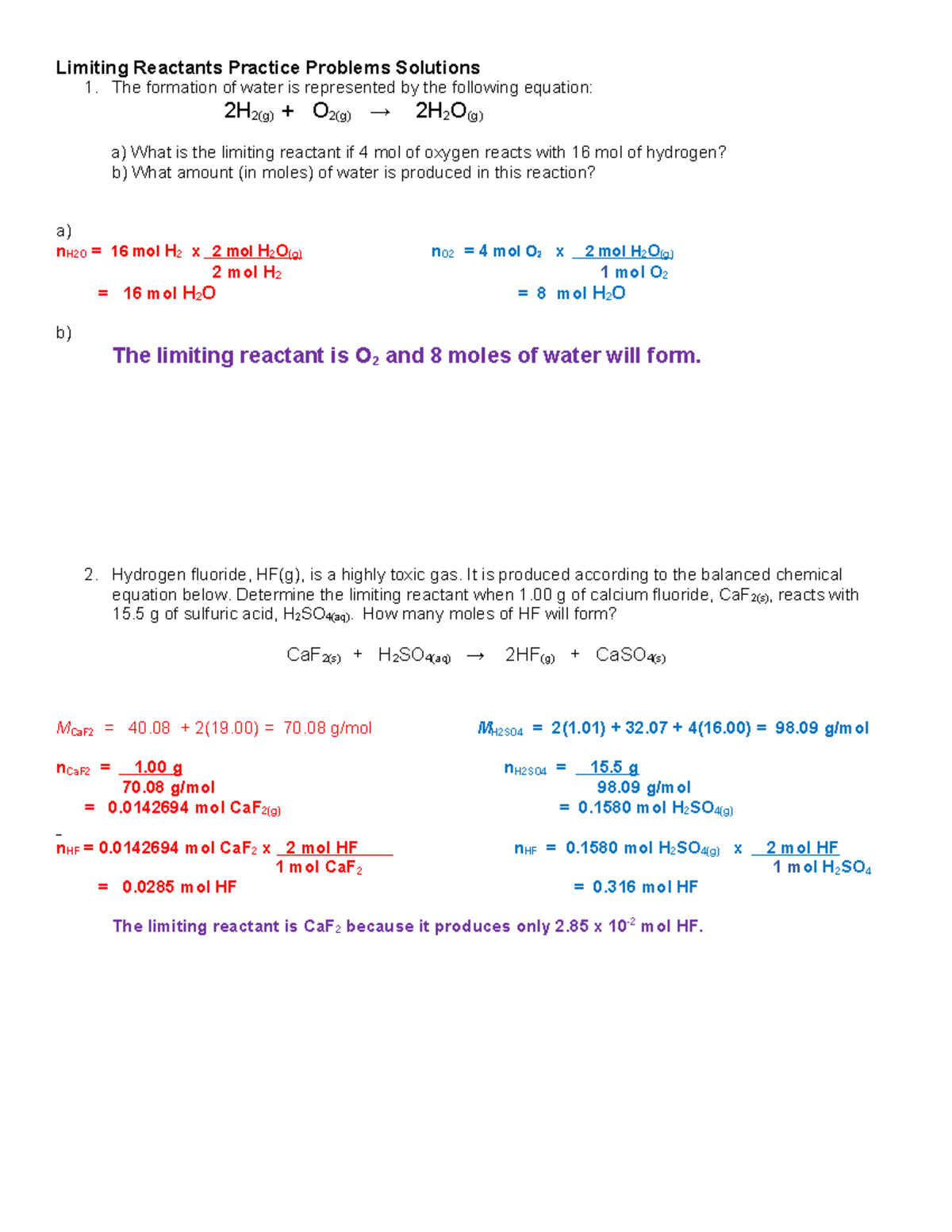 Limited Reactants Practice Problems Solutions - The formation of water is represented by the ...