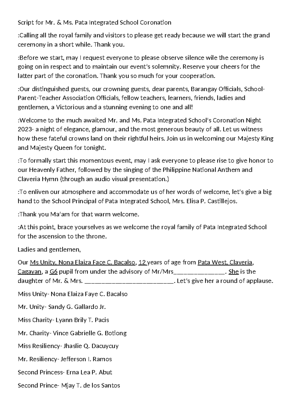 Script for Coronation - Script for Mr. & Ms. Pata Integrated School ...