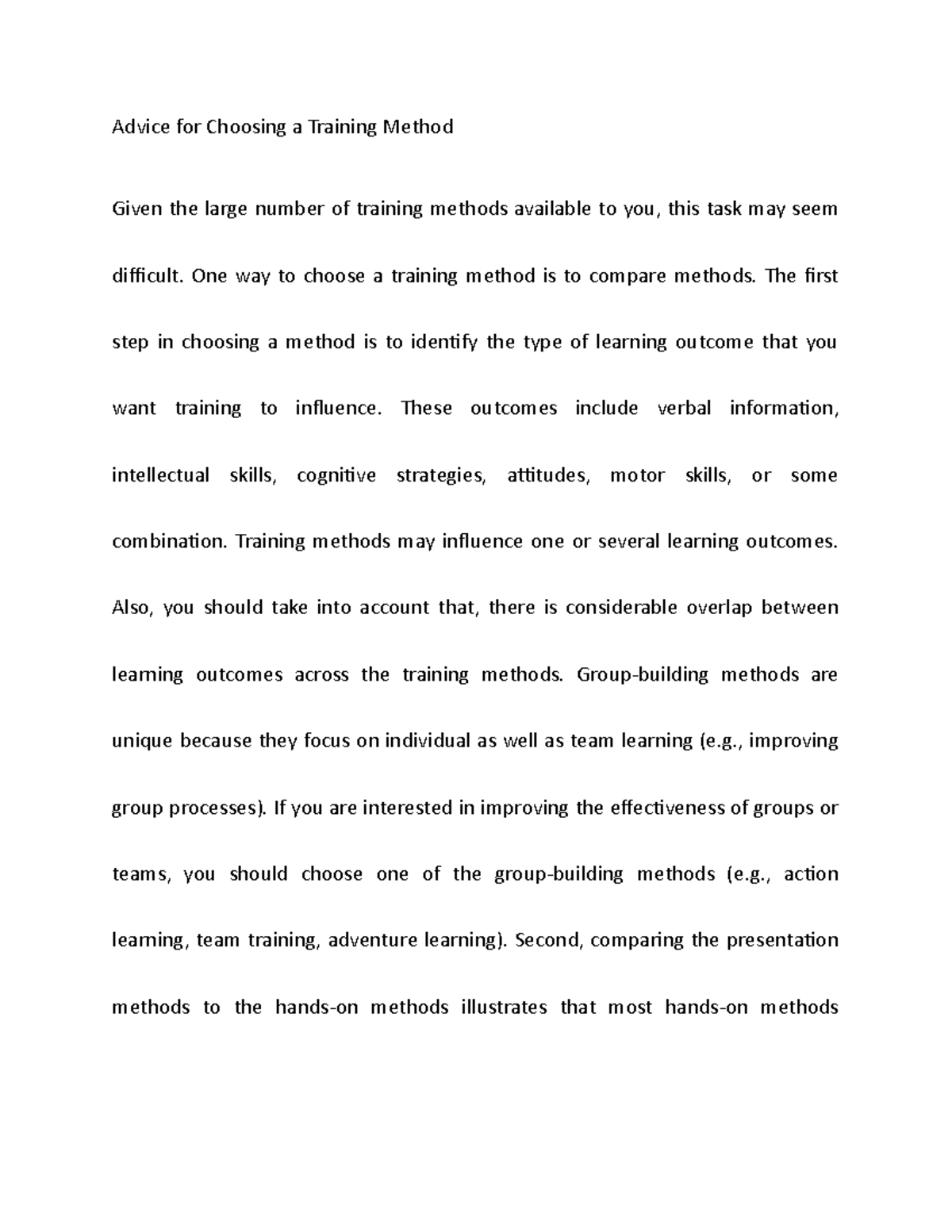 HRM 8- Advice for Choosing a Training Method - Advice for Choosing a ...