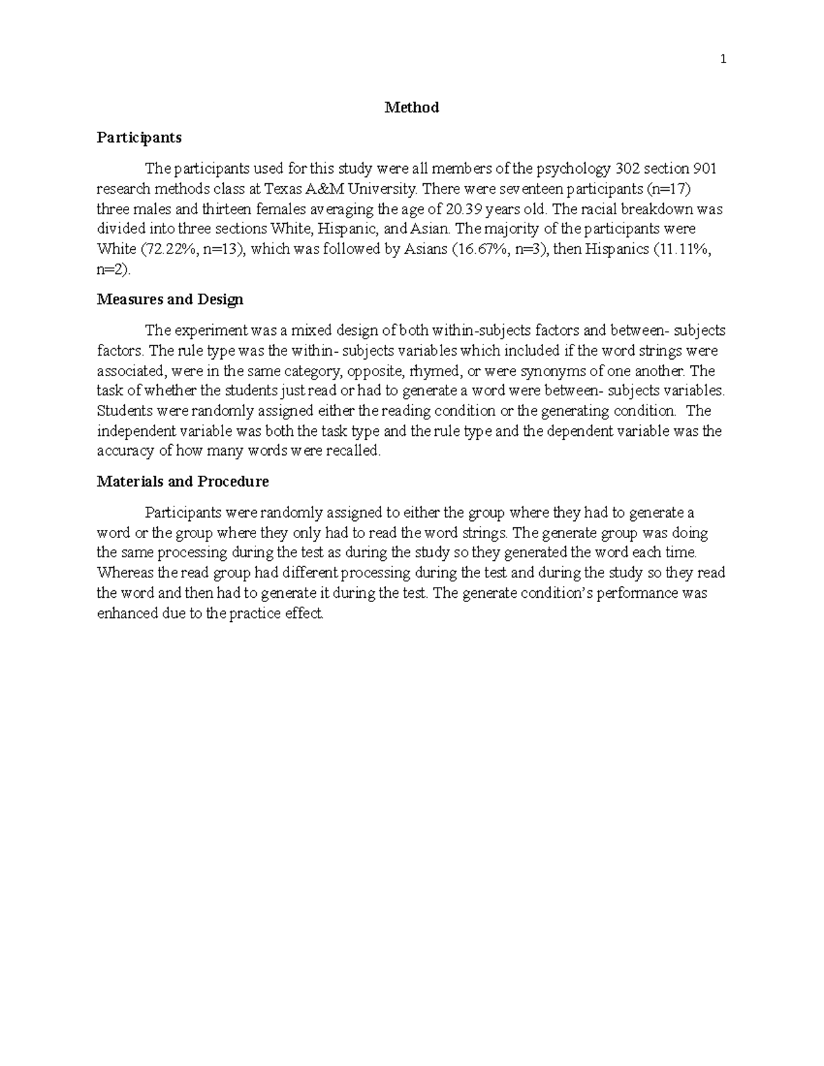 Writing Assignment 3 Method Section - 1 Method Participants The ...