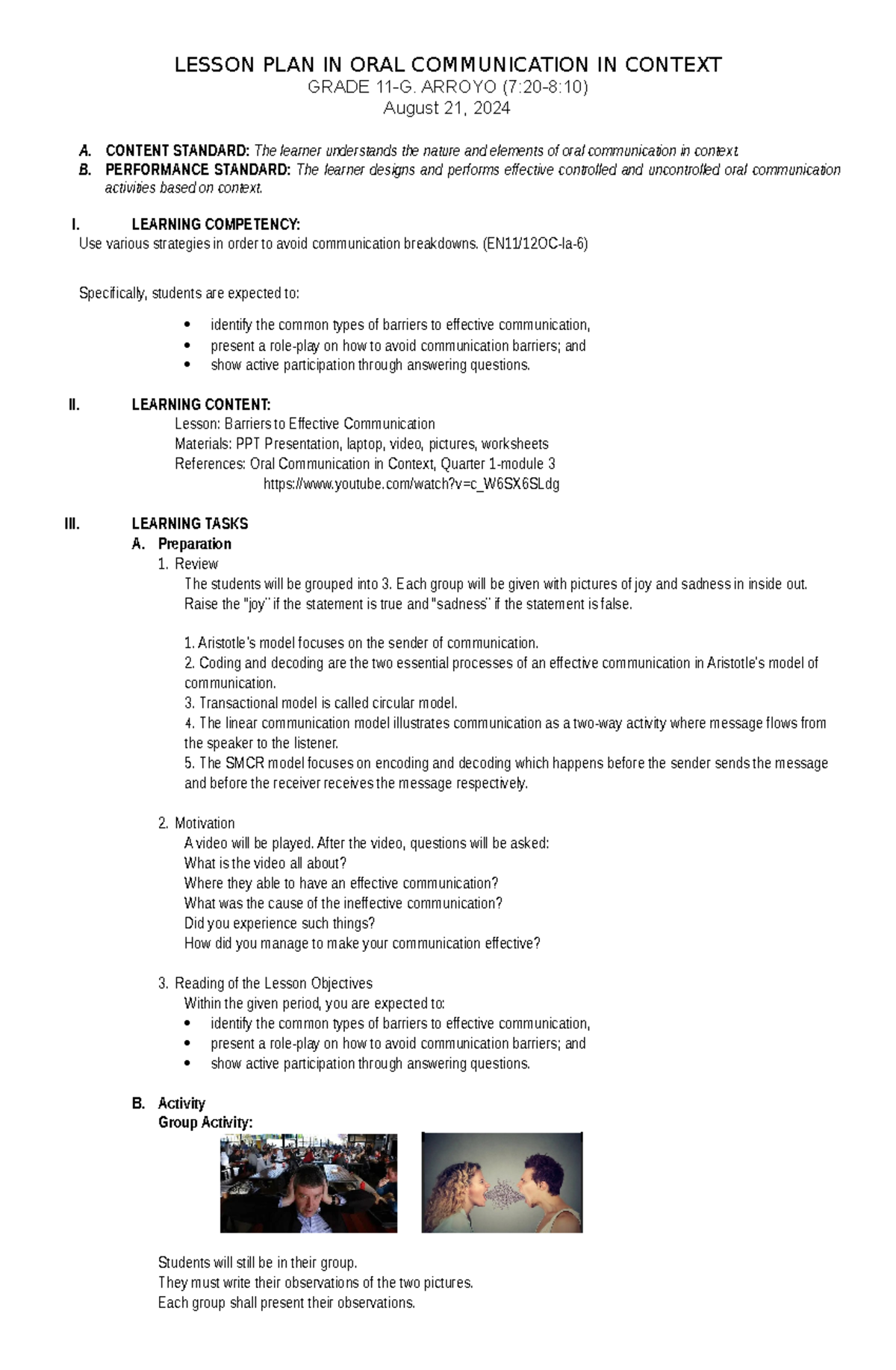 CO1 Lesson PLAN IN ORAL COMM - LESSON PLAN IN ORAL COMMUNICATION IN ...
