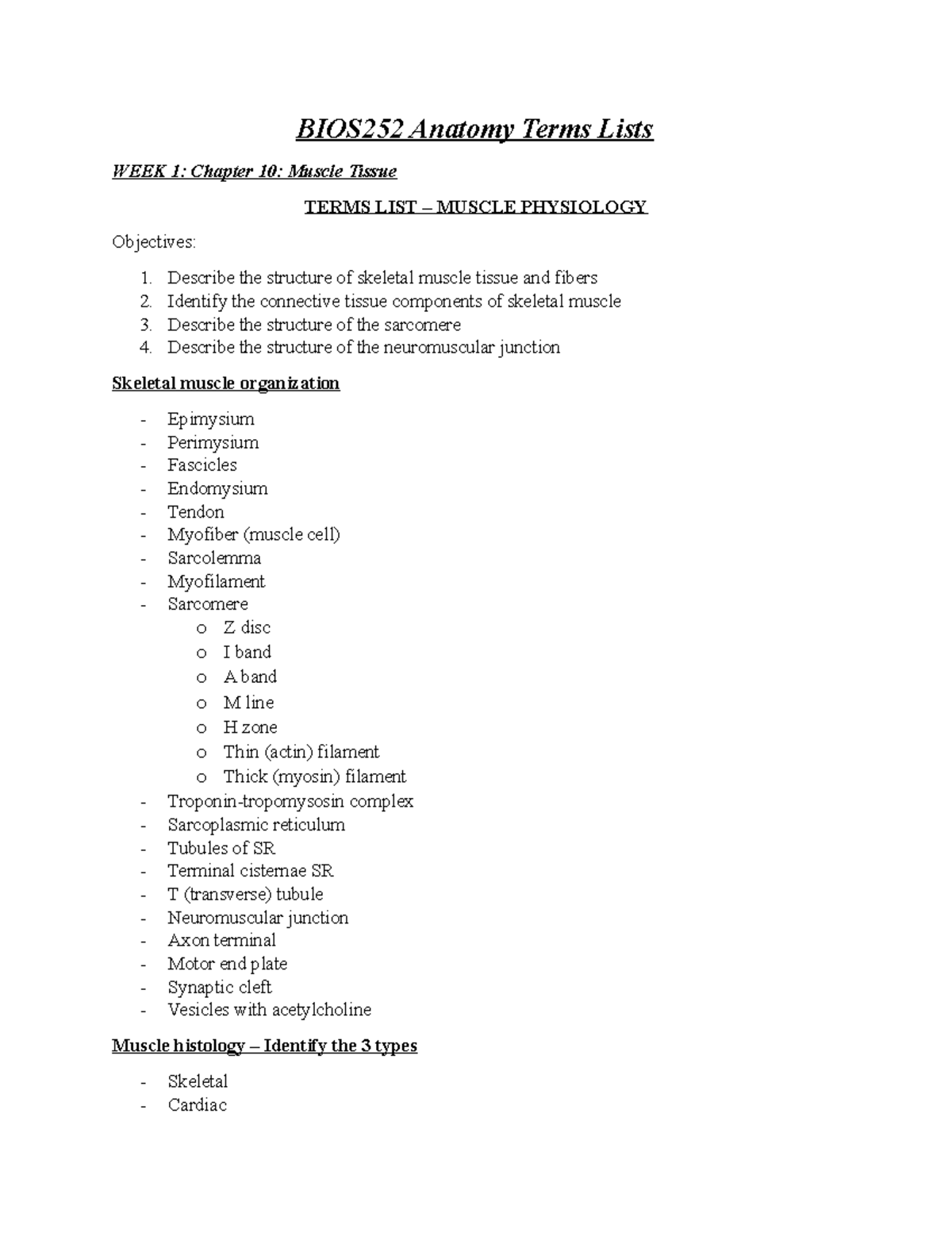 Practical Terms - BIOS252 Anatomy Terms Lists WEEK 1: Chapter 10 ...