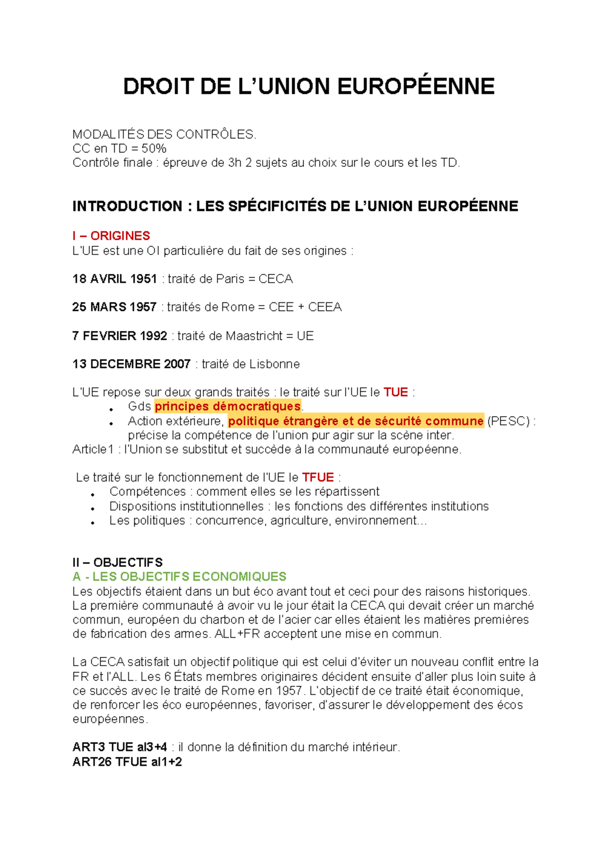 Droit de L'UE - notes de cours - DROIT DE L’UNION EUROPÉENNE MODALITÉS ...