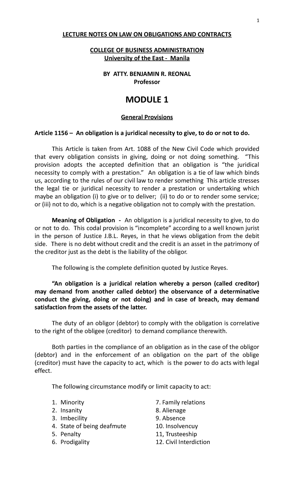 Module 1 General Provisions - LECTURE NOTES ON LAW ON OBLIGATIONS AND ...