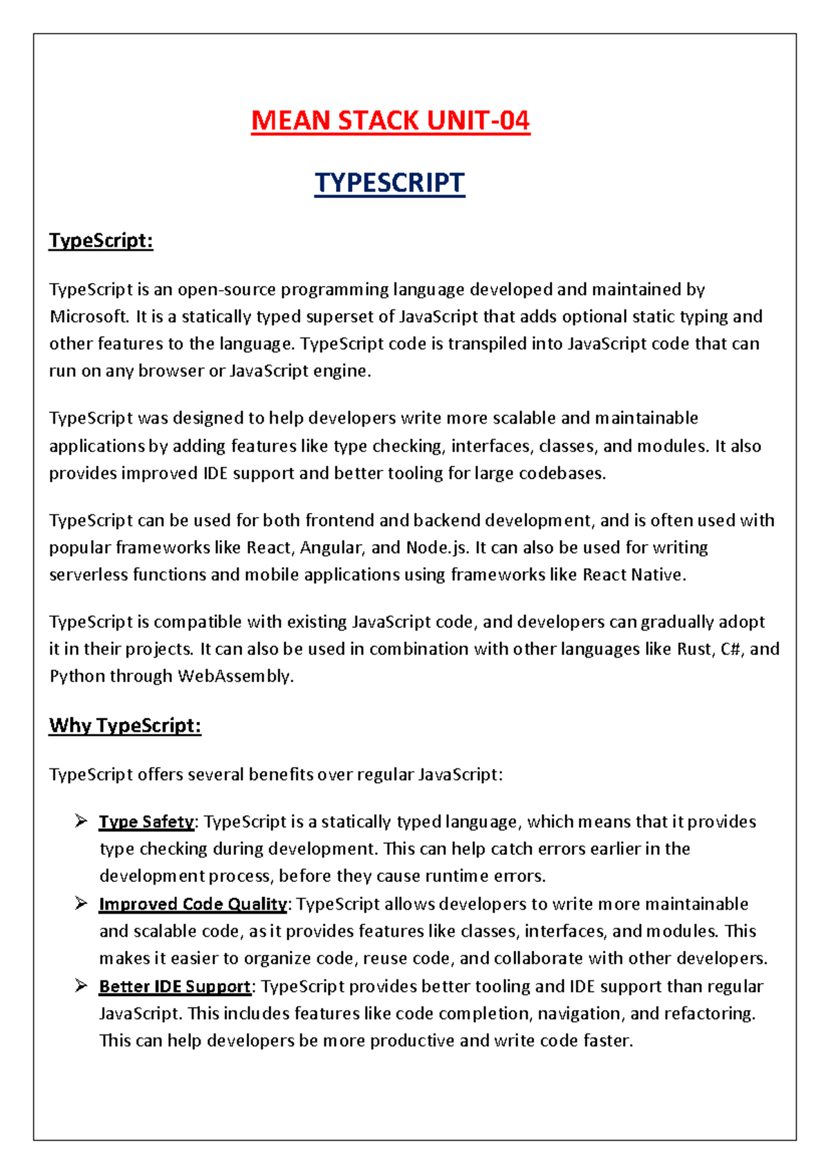 MEAN Unit-4 - MEAN STACK UNIT- 04 TYPESCRIPT TypeScript: TypeScript is an open-source ...