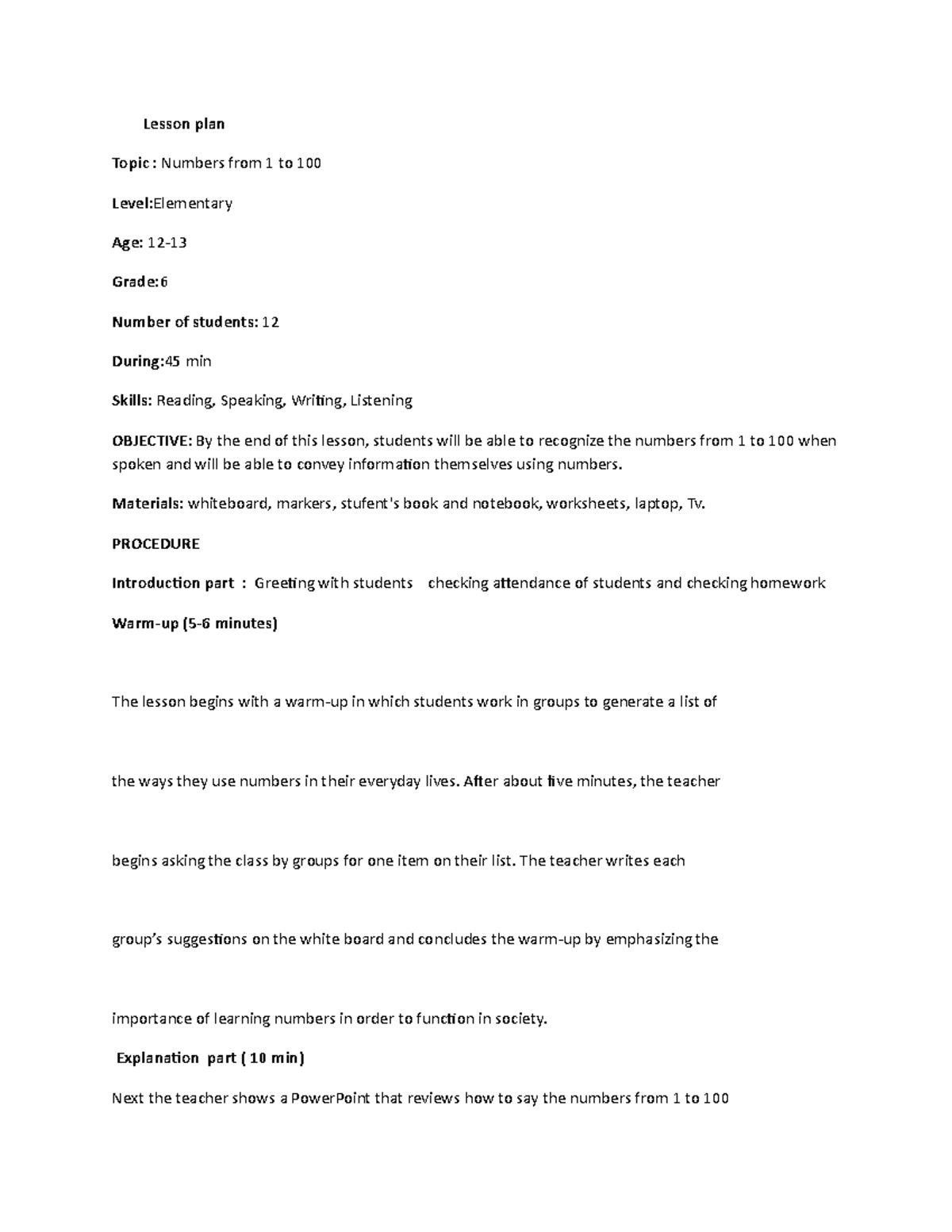 Lesson plan-WPS Office - TopicLesson plan : Numbers from 1 to 100 Level ...