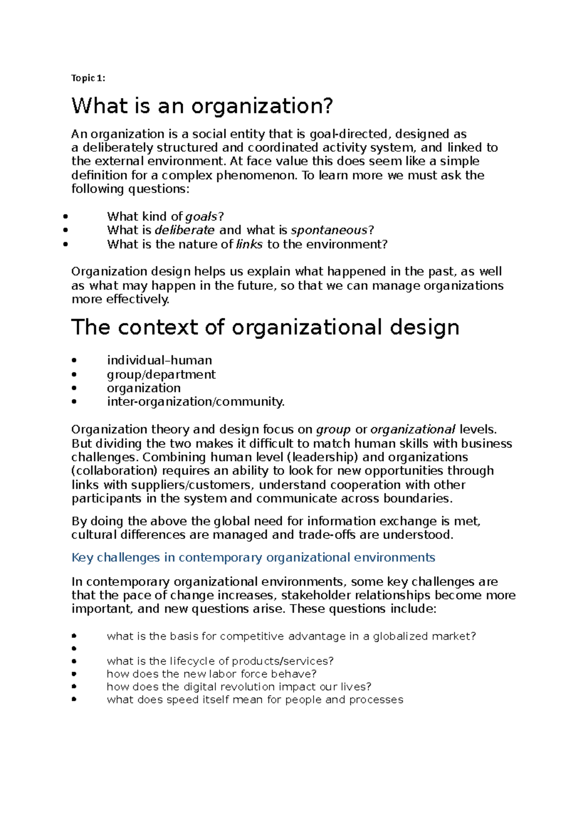 Topic 1 - Organisational design exam prep notes - Topic 1: What is an ...