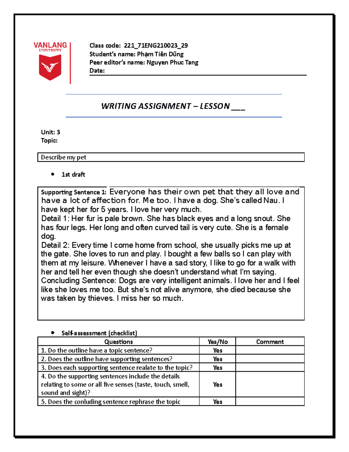 Describe my pet - av2 - Class code: 221_71ENG210023_ Student’s name: Ph m Tiếến Dũngạ Peer ...