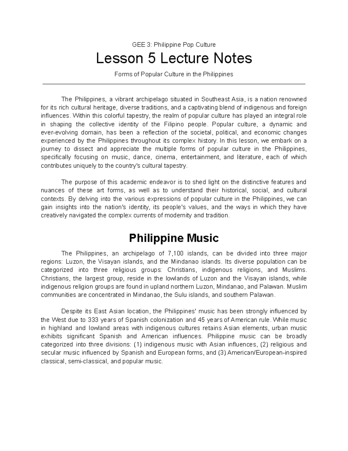 GEE 3 Lecture 5 Notes - GEE 3: Philippine Pop Culture Lesson 5 Lecture ...