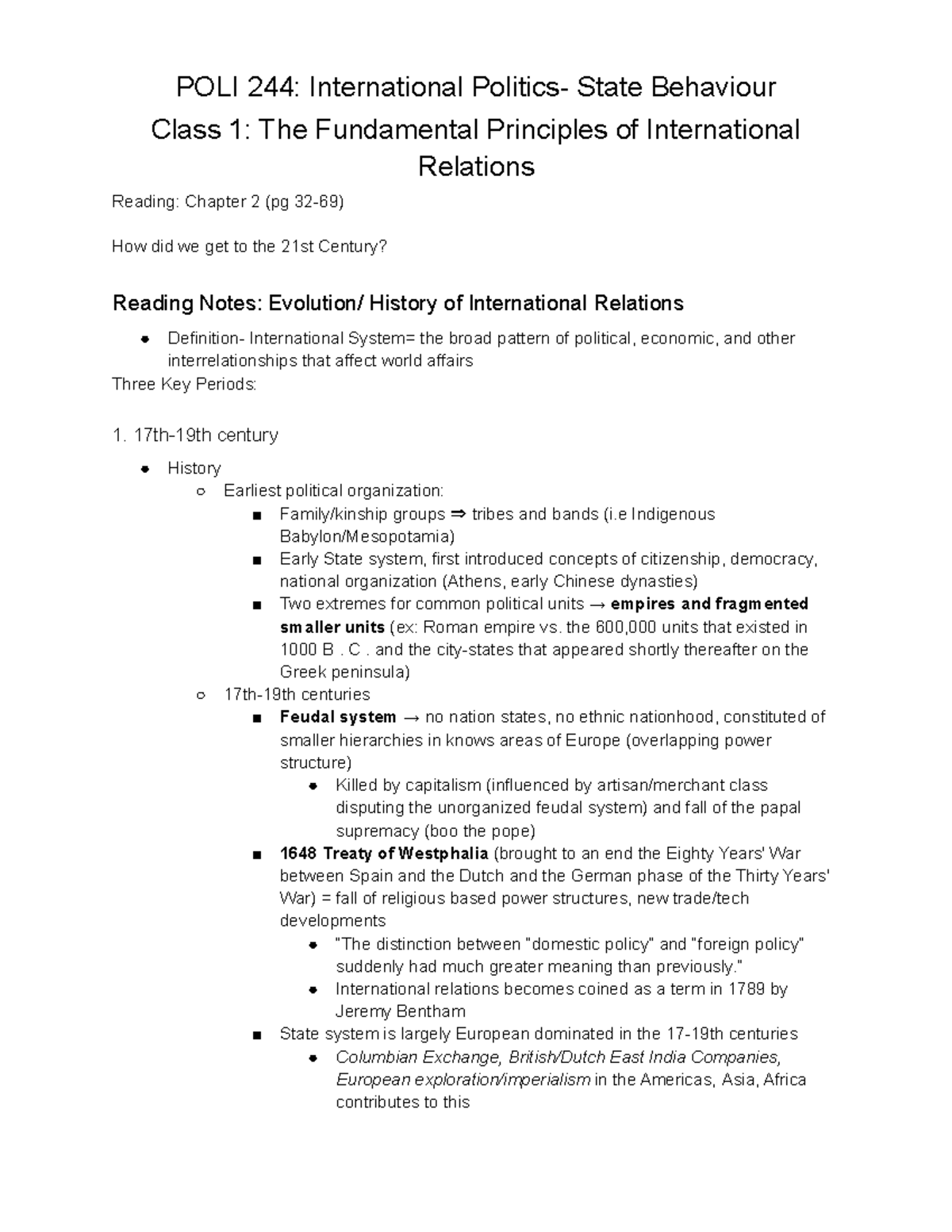 POLI 244 Class 1 The Fundamental Principles of International Relations ...