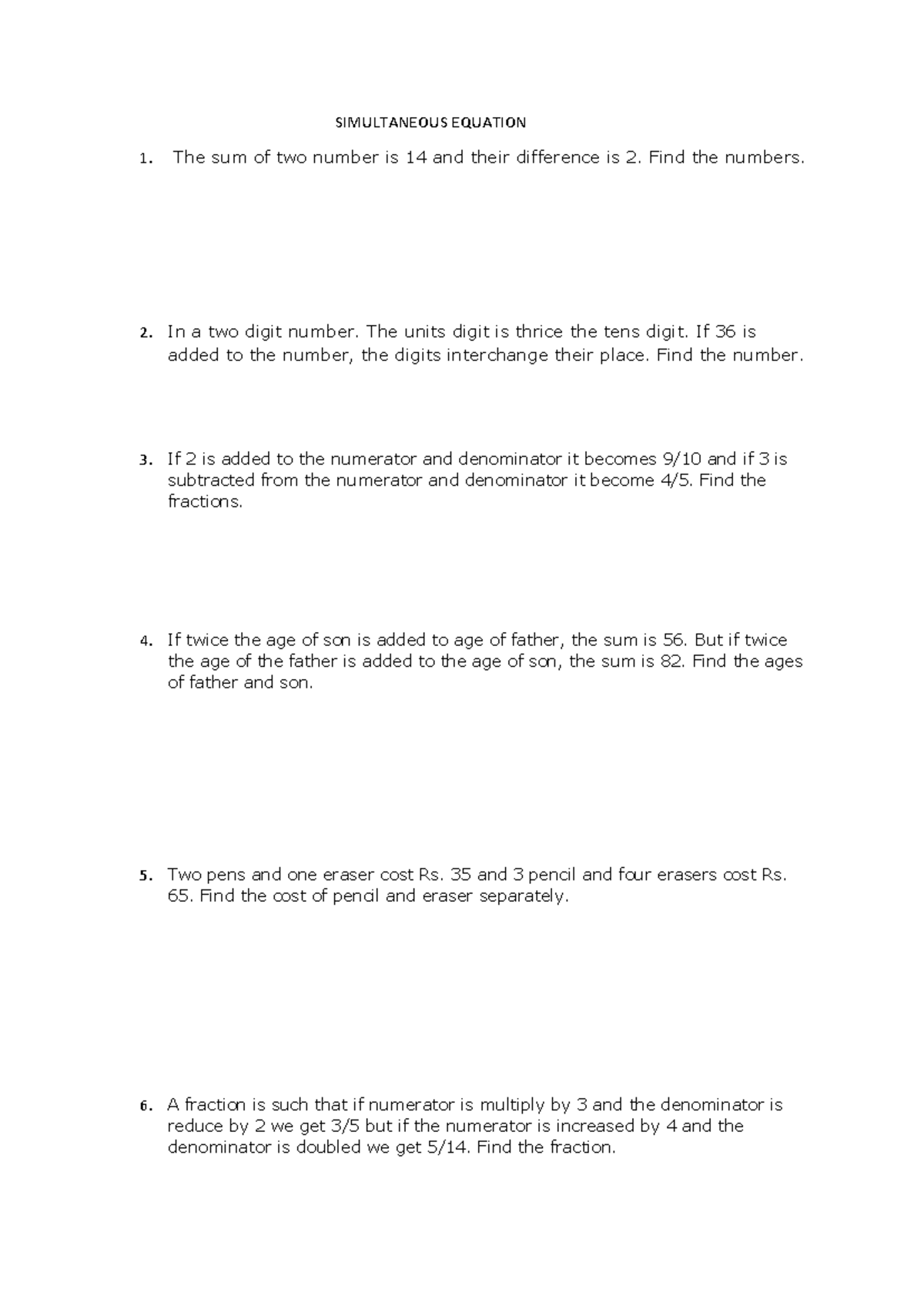 Y8 WORD Problem Simultaneous Equations - SIMULTANEOUS EQUATION The sum ...
