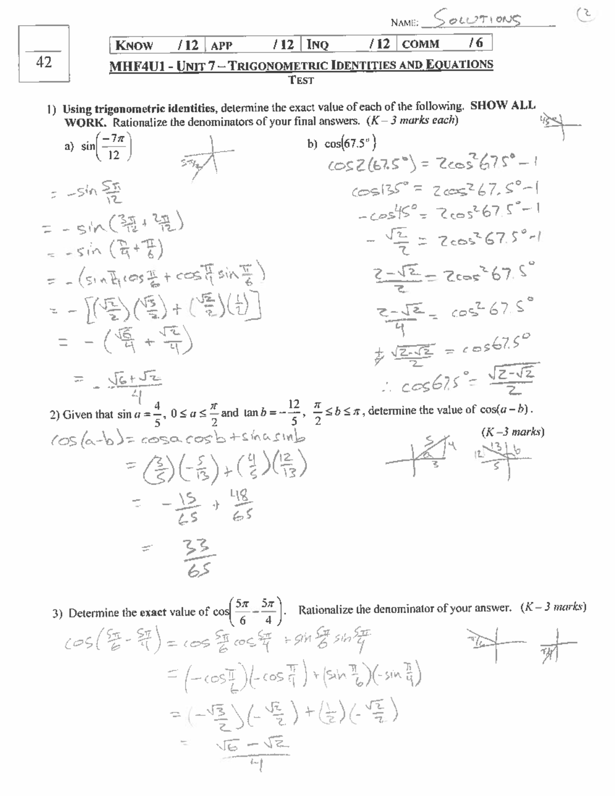 MHF4U1 - Unit 7 Test - Solutions - Studocu