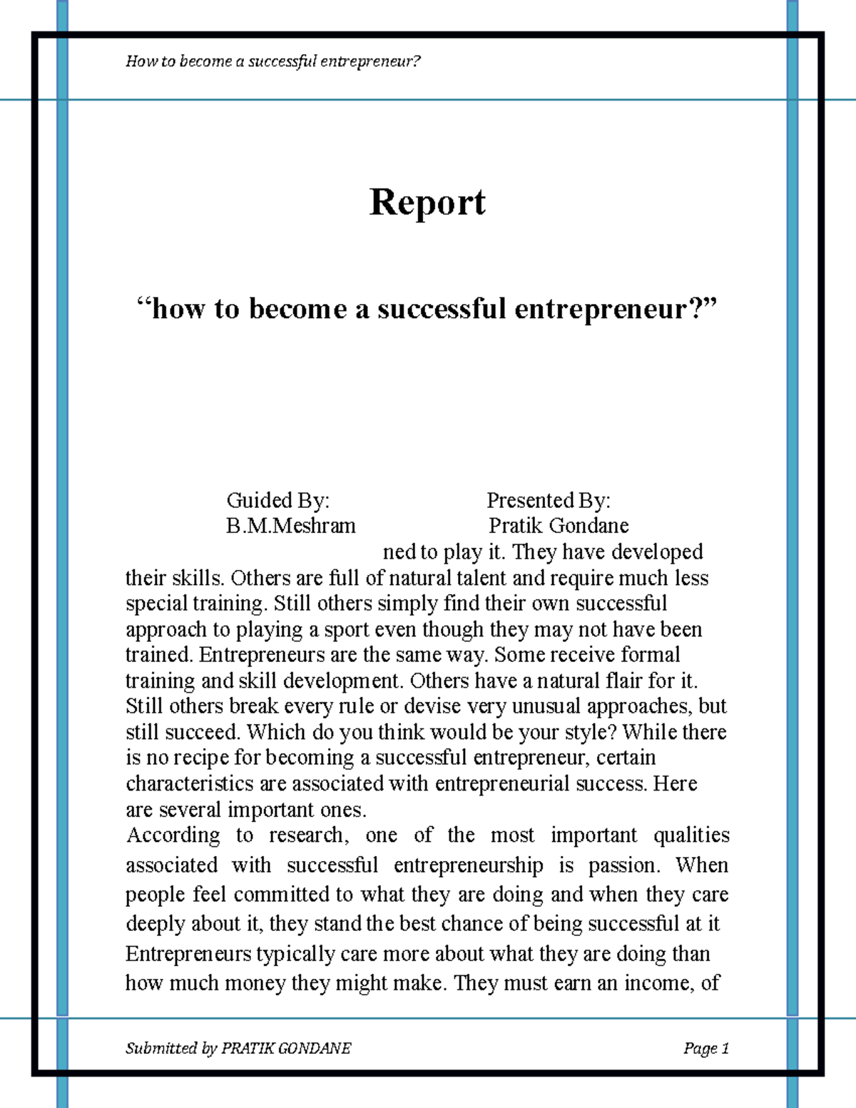 Electronic and digital topic - Report “ how to become a successful ...