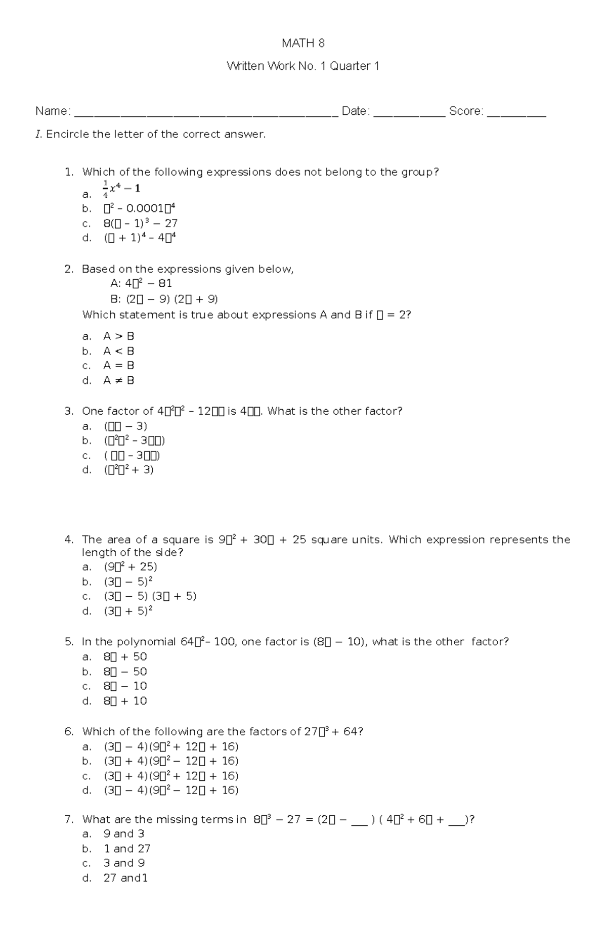 ST MATH 8 NO - Summative Test - MATH 8 Written Work No. 1 Quarter 1 ...