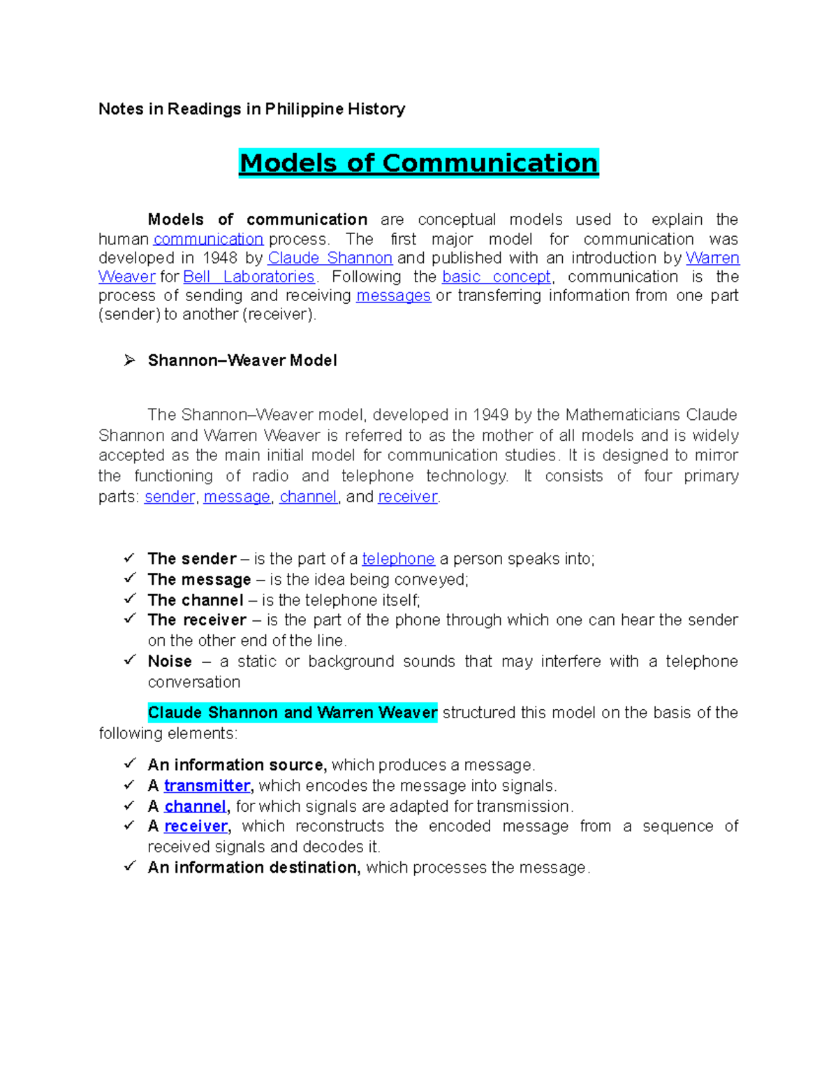 Models of Communication - Notes in Readings in Philippine History ...