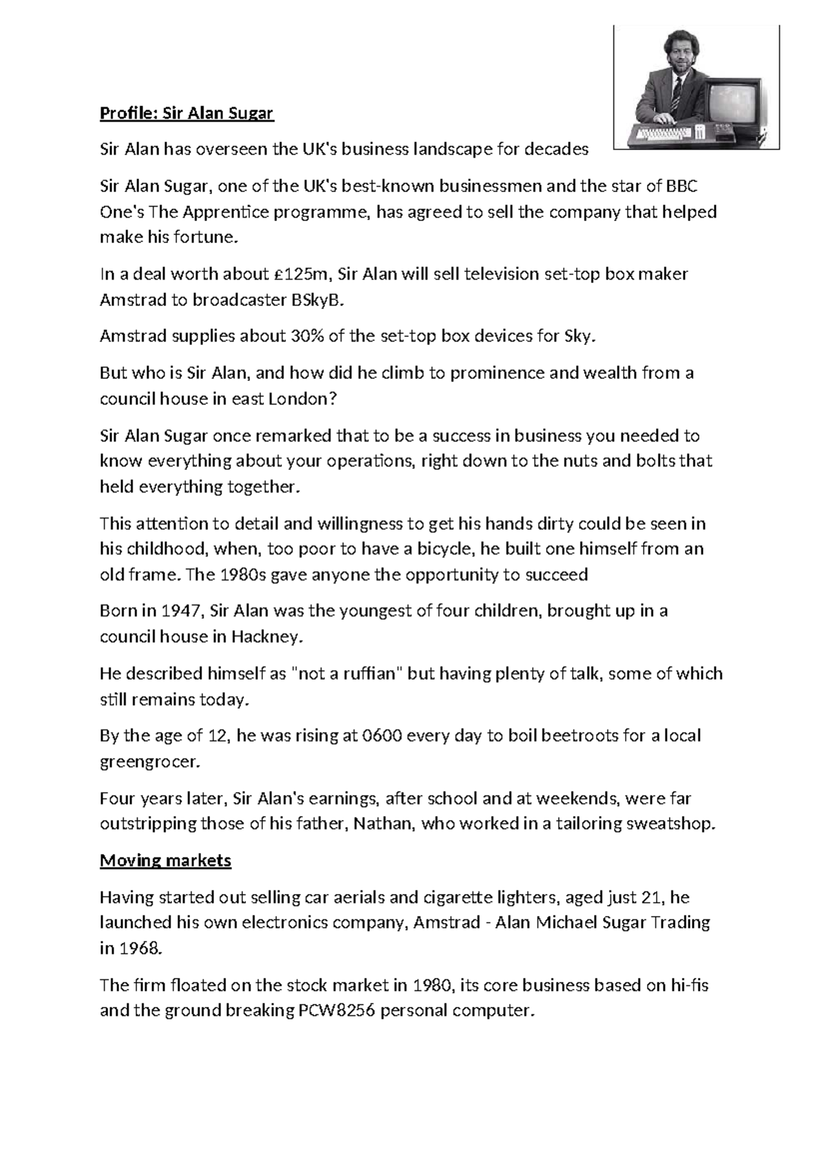 Lord Sugar how he started his business HW - Profile: Sir Alan Sugar Sir ...