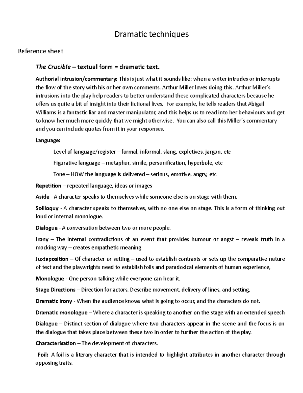 Resource 9 Dramatic techniques glossary - Studocu