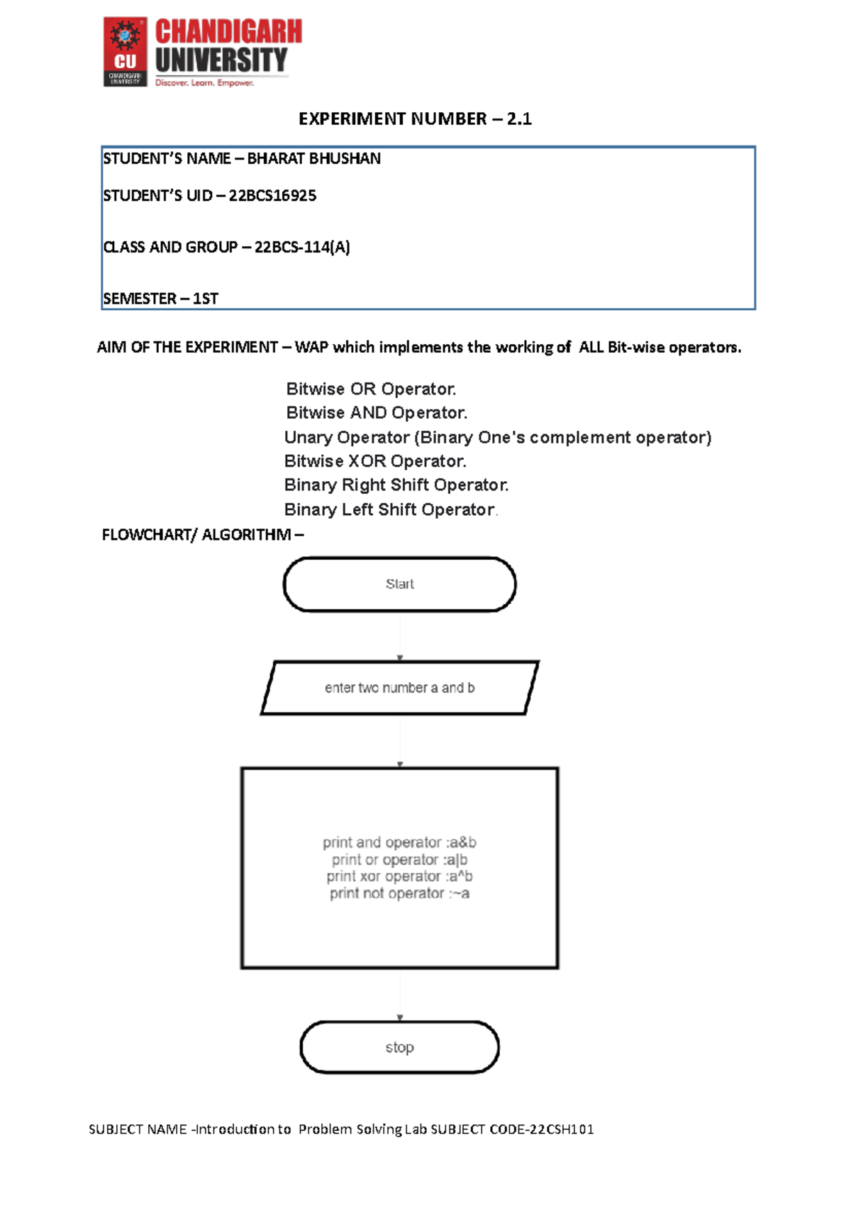 Worksheet 2 - cfgf - EXPERIMENT NUMBER – 2. STUDENT’S NAME – BHARAT BHUSHAN STUDENT’S UID ...