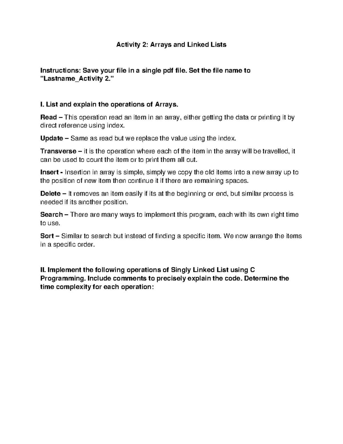 Activity 2 Dsafggggggggggggg - Activity 2: Arrays and Linked Lists ...