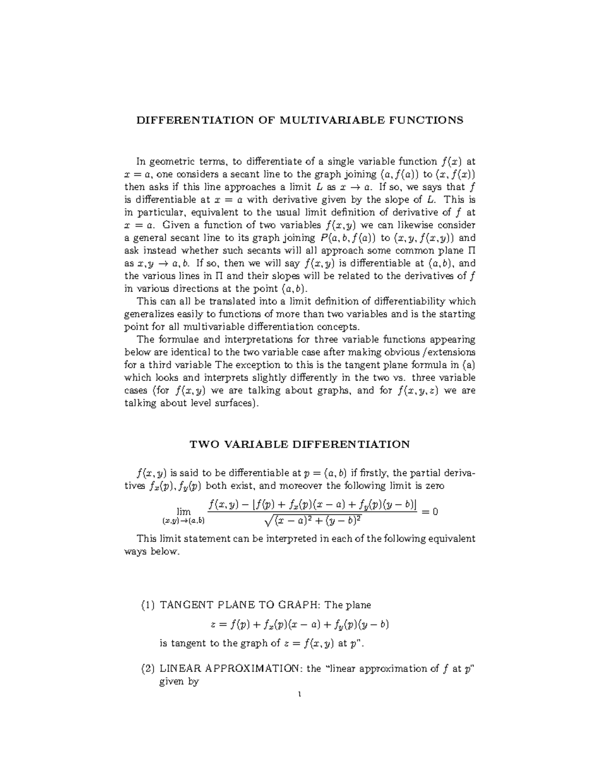 Handout 3 multivariable differentiation - DIFFERENTIATION OF MULTIVARIABLE FUNCTIONS In ...