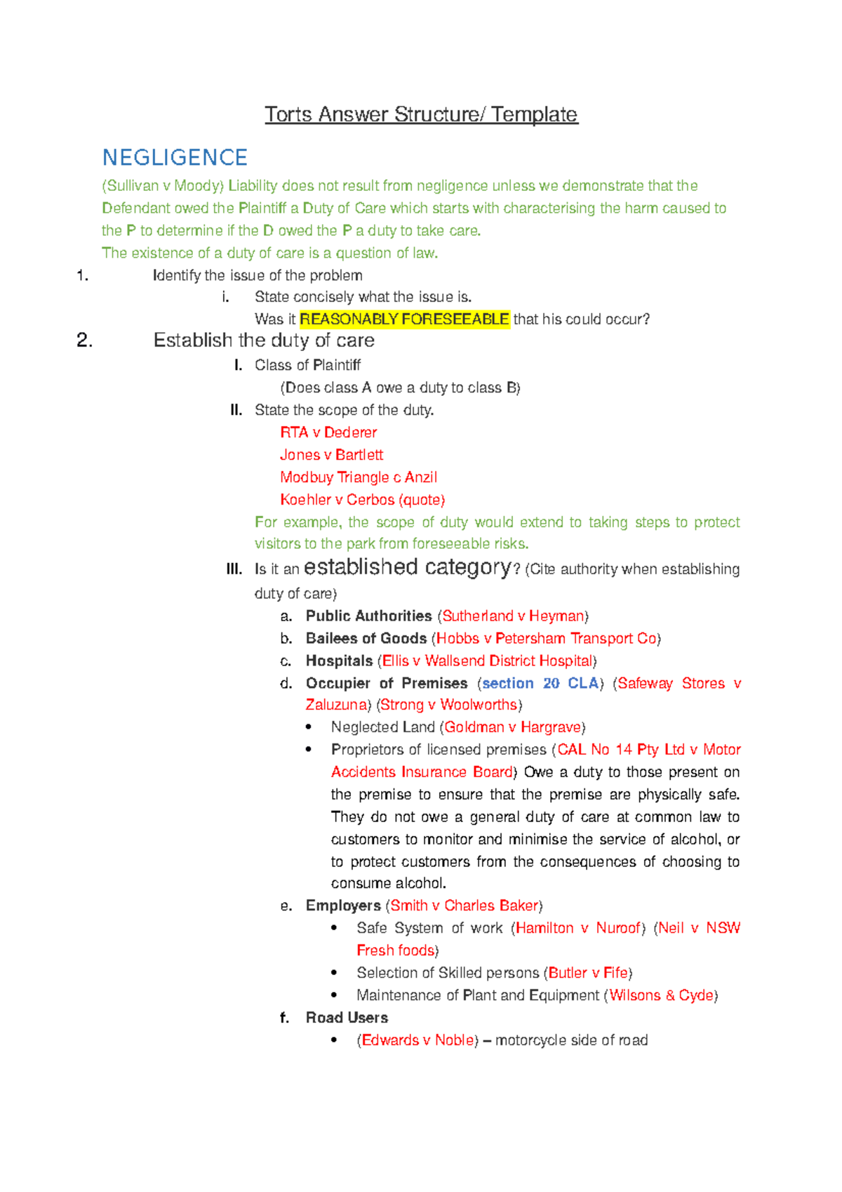 Torts Answer structure template - Torts Answer Structure/ Template ...