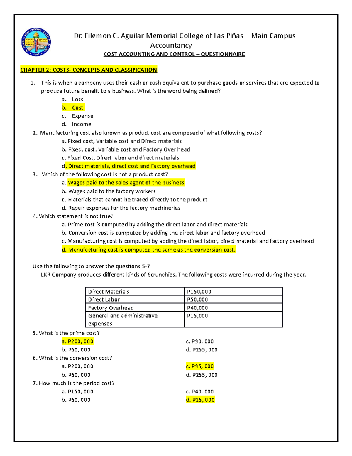 Cost Accounting -C2 Questionnaire - Accountancy - Studocu