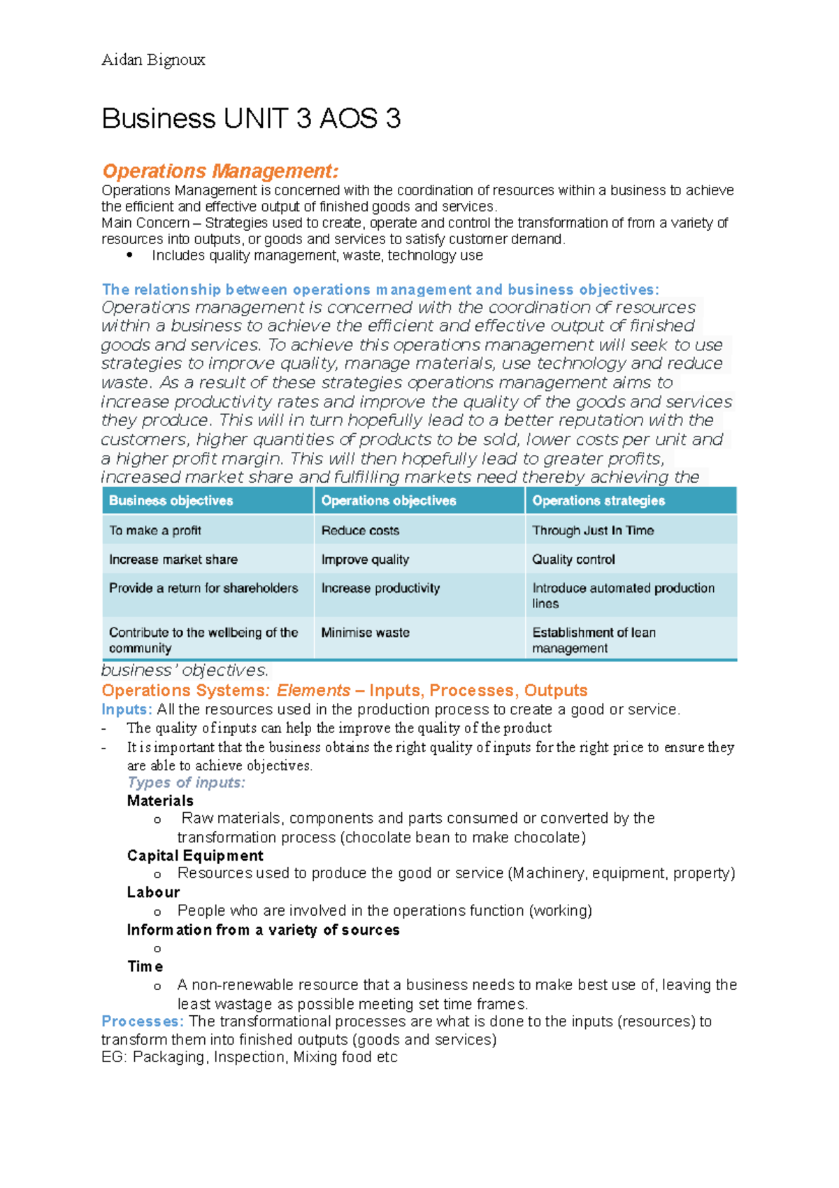 Business UNIT 3 AOS 3 - NOTES - Business UNIT 3 AOS 3 Operations ...