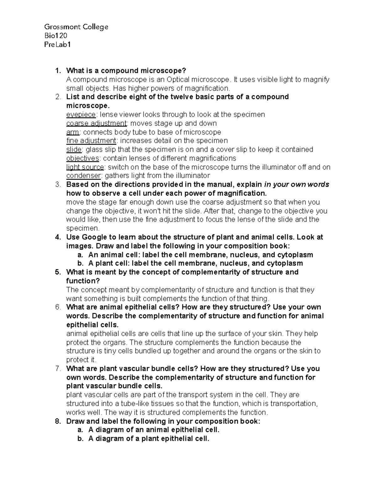 Pre Lab #1 - Bio 120 Pre Lab - Grossmont College Bio PreLab What is a ...