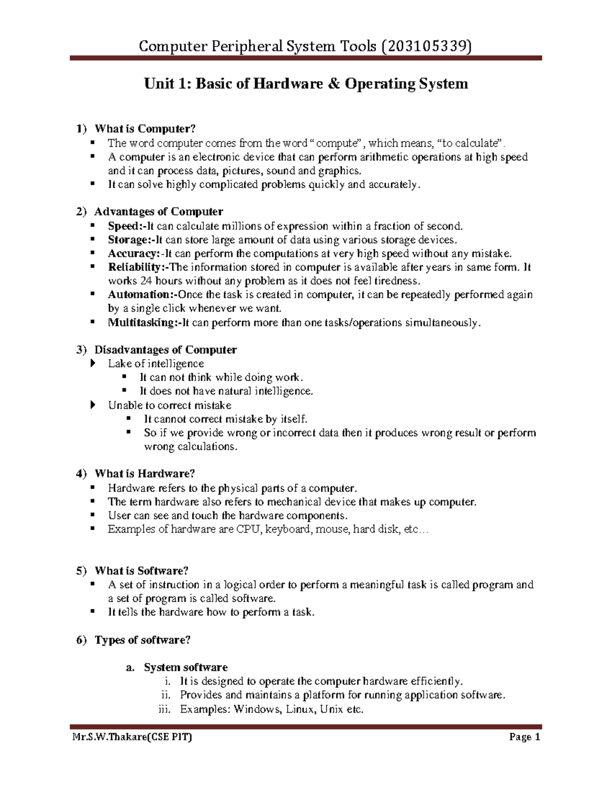 Unit 1 Introduction to Hardware OS - Unit 1: Basic of Hardware ...
