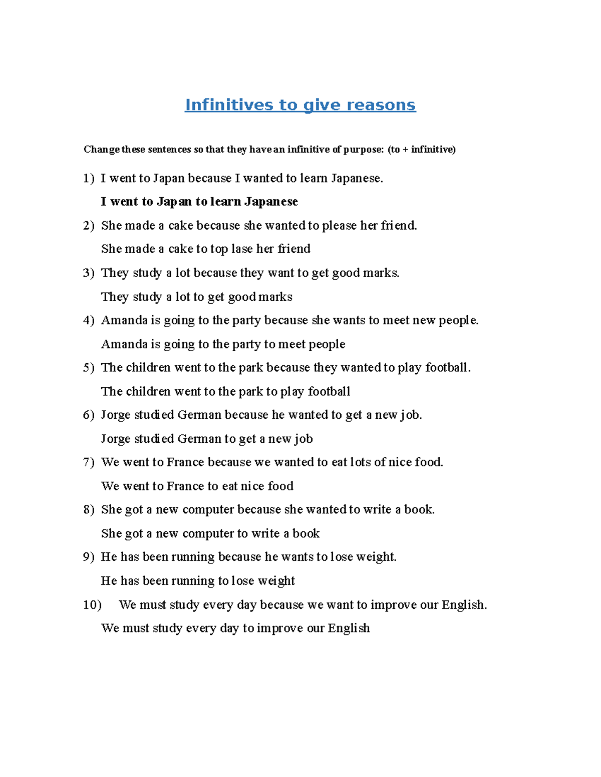Infinitives to give reasons practice - Infinitives to give reasons ...