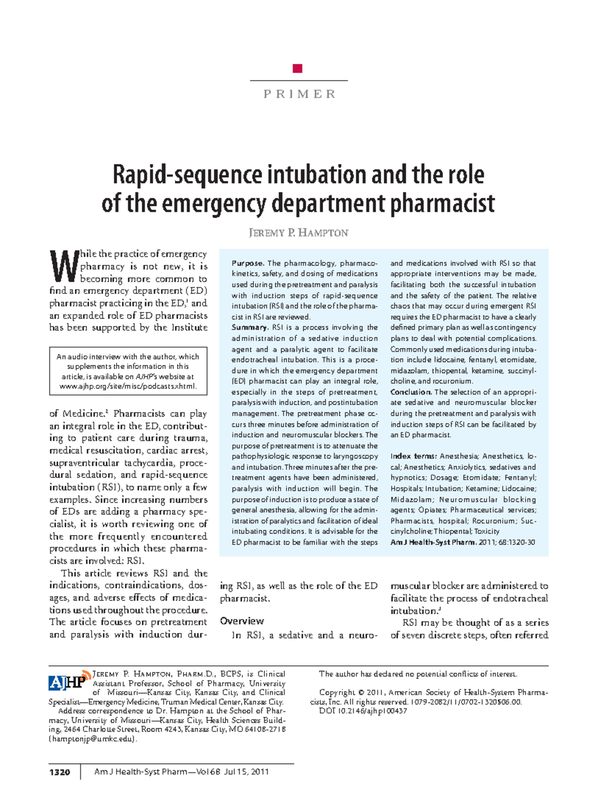 RSI and role of the ED RPh - AJHP 2011 - p r i m e r Rapid-sequence ...