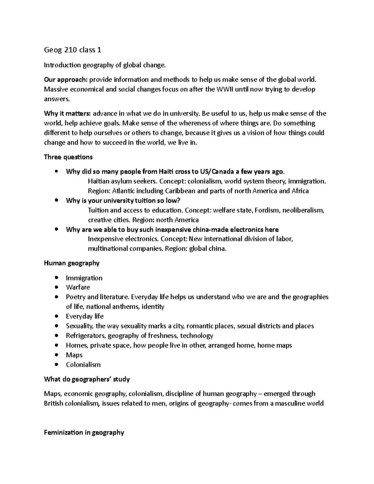 Geog 210 notes - Geog 210 class 1 Introduction geography of global ...