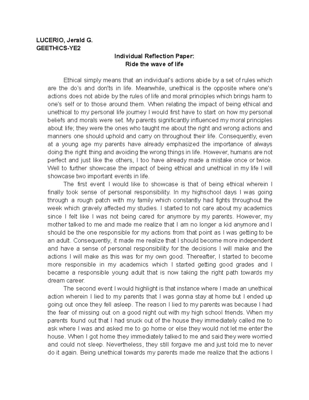 G Eethics Individual Reflection Paper Lucerio, Jerald - LUCERIO, Jerald ...