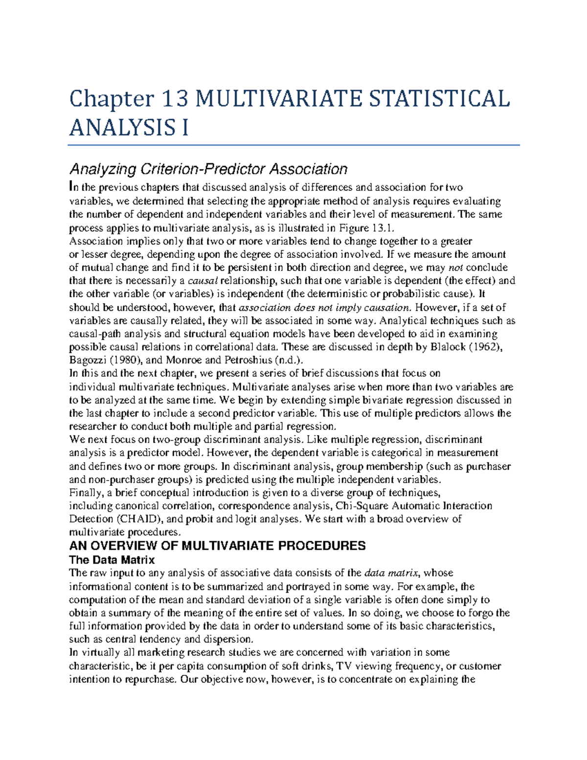 Chapter 13 Multivariate Statistical Analysis I - Chapter 13 ...